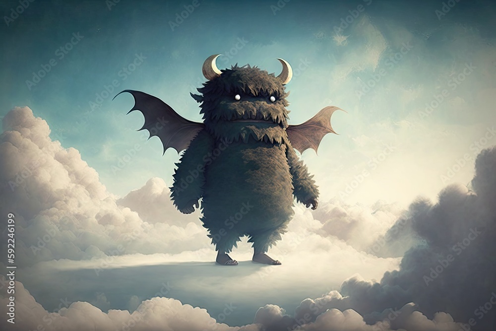 monster with wings walking on clouds floating creature walking in air ...
