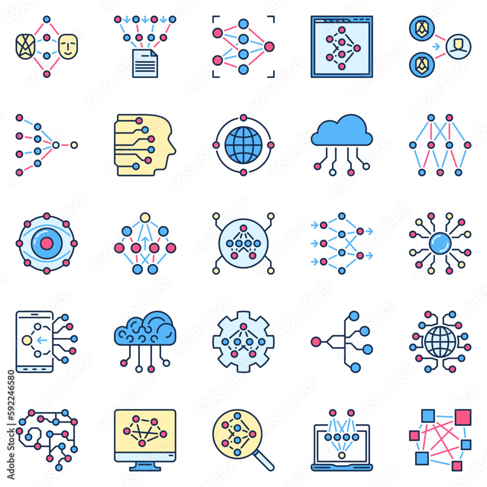 Artificial Neural Network colored icons. AI and Deep Learning vector ...