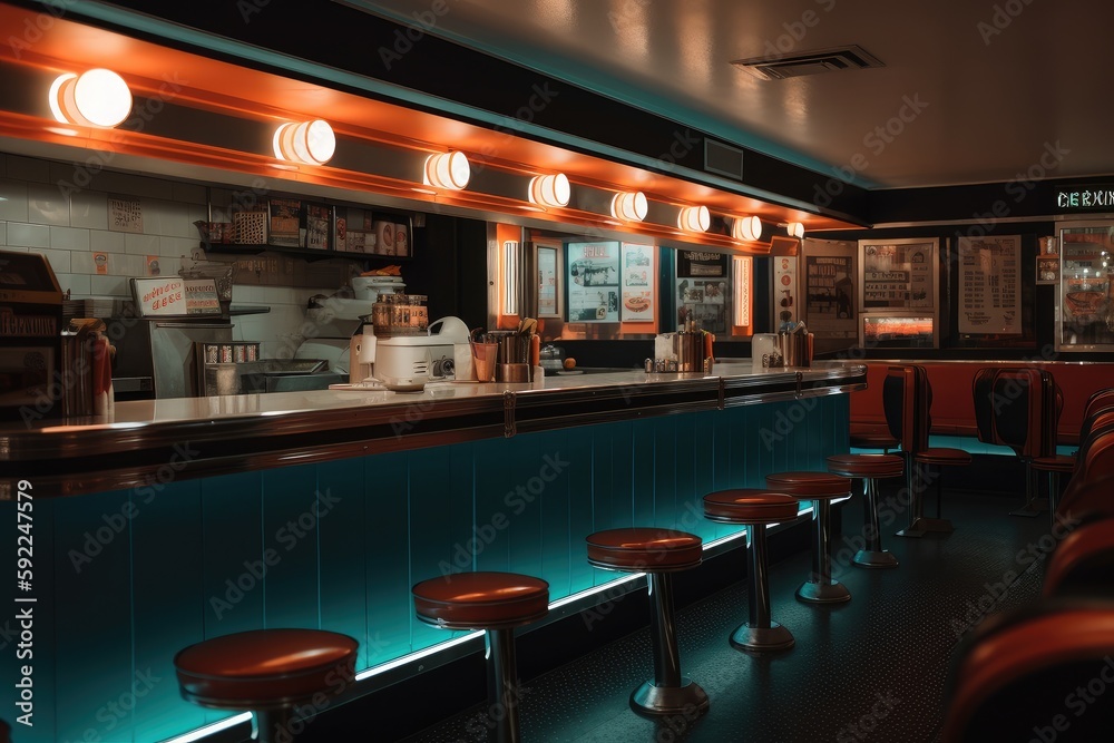 fast food restaurant with dimly lit interiors and retro design ...