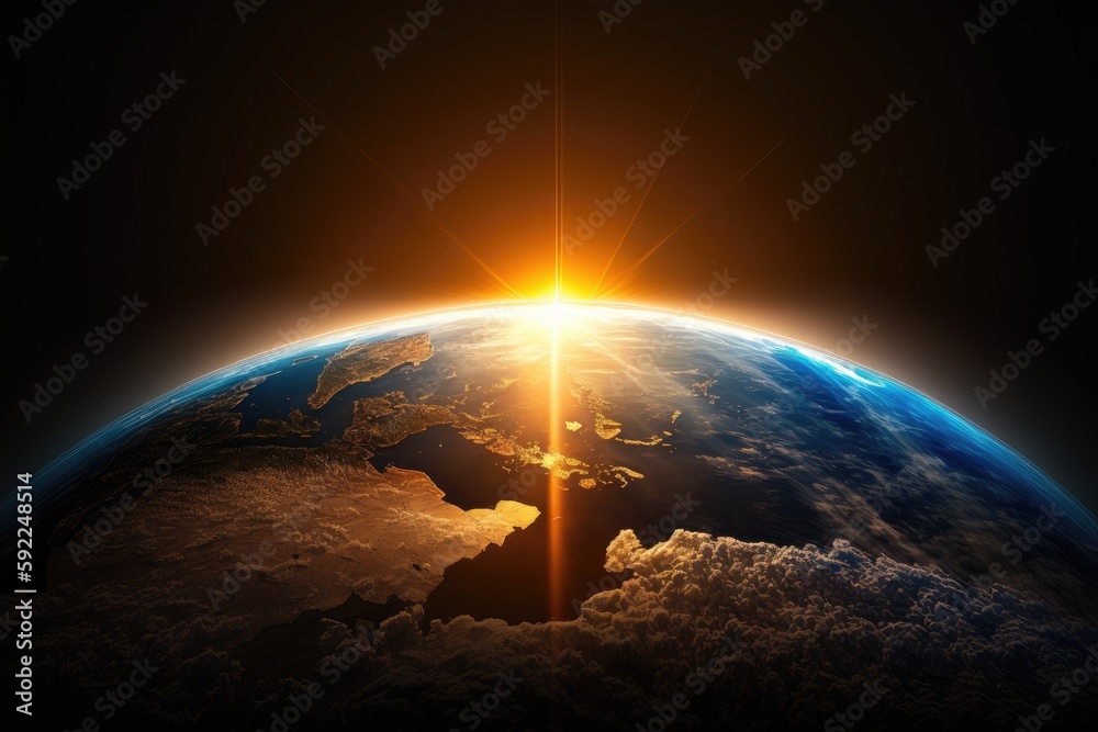 a close-up of the sun rising over a globe, with rays of light ...