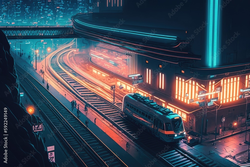 neon night city crossing with view of busy train station, with trains ...