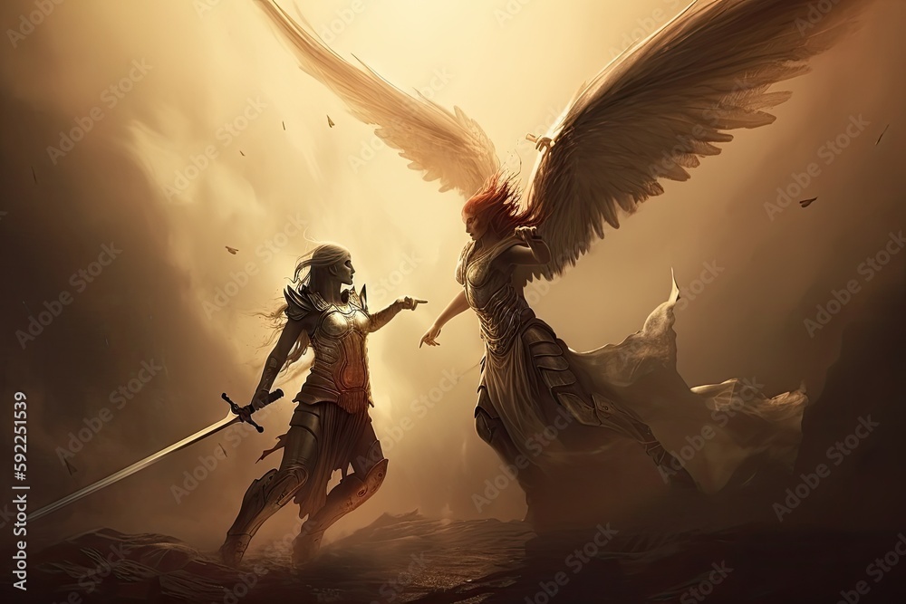 good angel, with her sword and shield, battling evil demon in epic ...