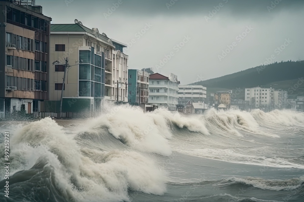 tsunami waves crashing into coastal city, flooding buildings and ...