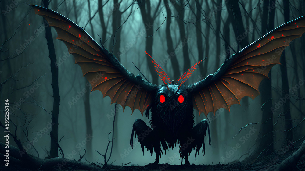 The Mothman, a legendary creature with glowing red eyes and wings, is said to haunt the woods of ...