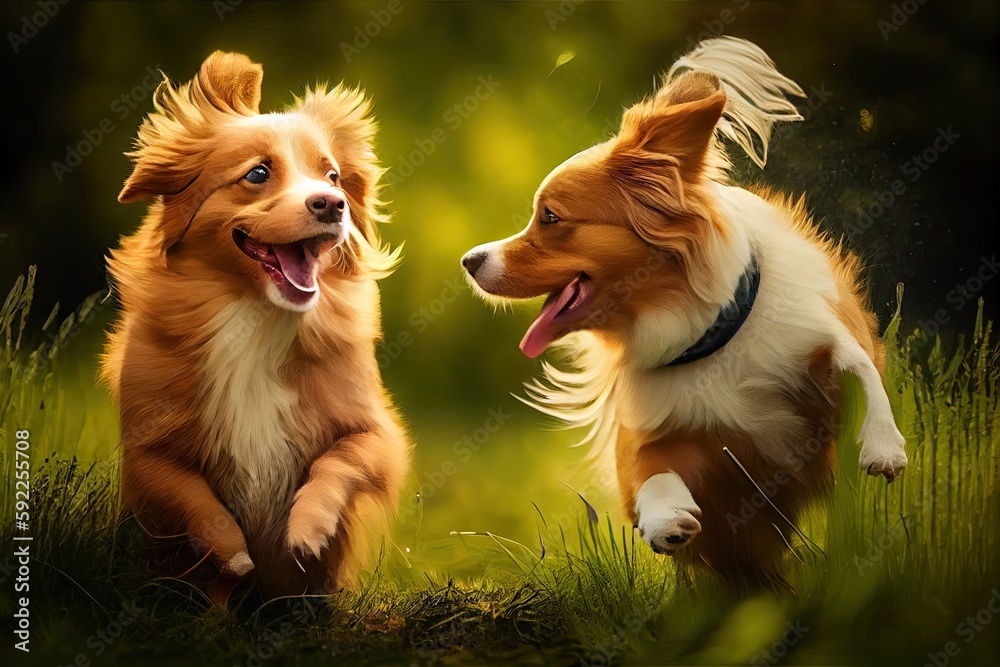 two dogs frolicking in park, tails wagging and tongues hanging out ...