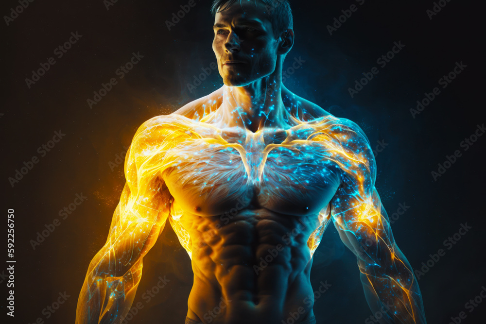 Man's torso and muscles are shown with glowing lights in the background ...
