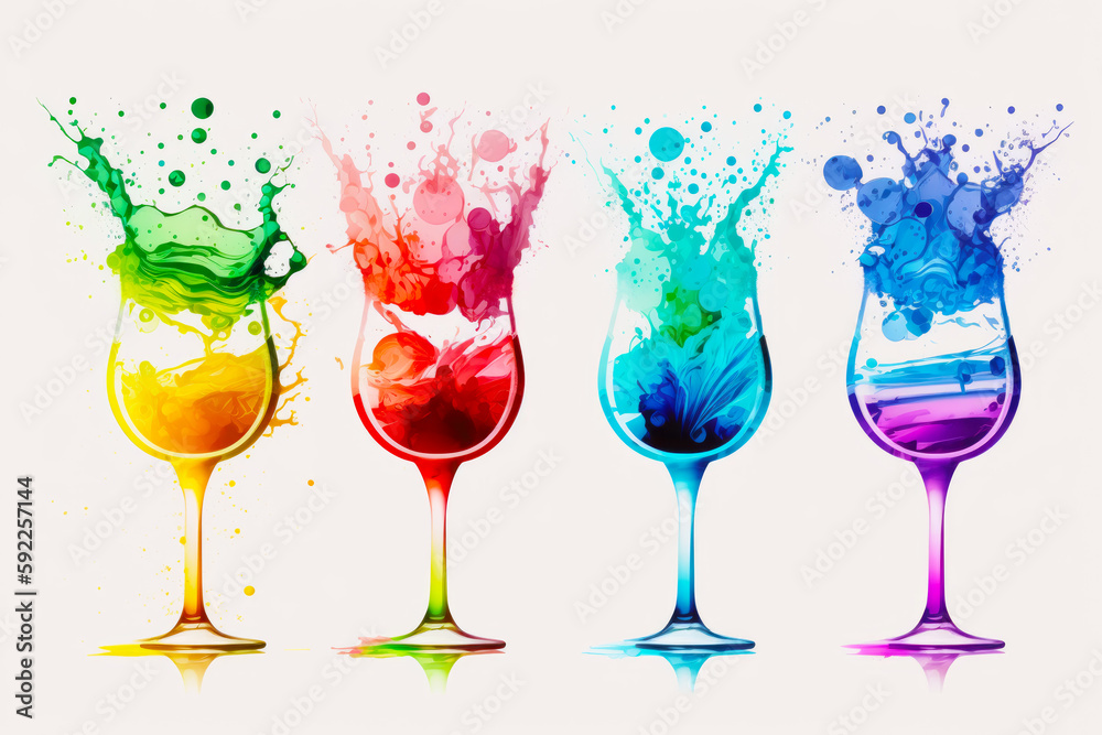 Group Of Three Wine Glasses Filled With Different Colored Liquids On White Background