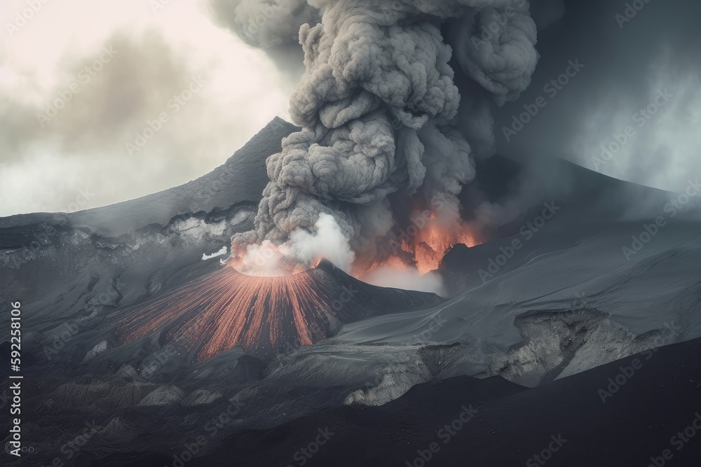 volcanic eruption with lava flow bursting from the volcano, surrounded ...