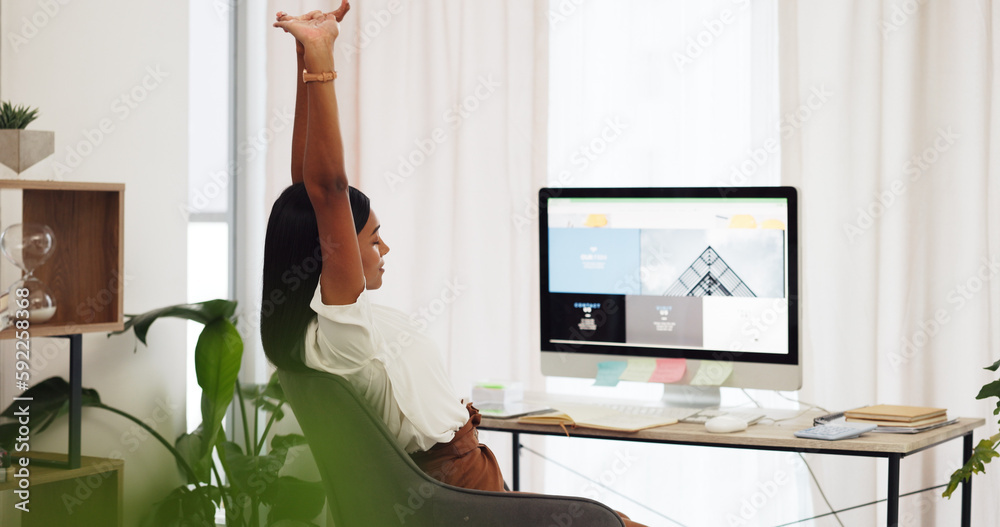 Stretching, office desk and woman with computer for website design, seo ...