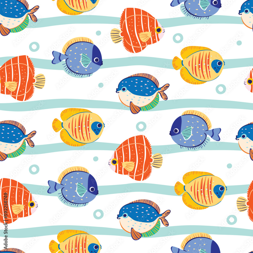 Seamless Pattern of Cartoon Colorful Fish Design on White Background ...