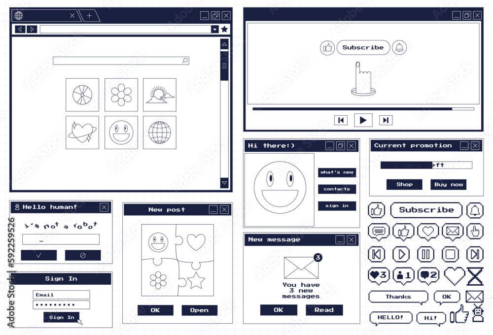 Big set of retro desktop browser and dialog windows. Cute 80s 90s old computer user interface ...