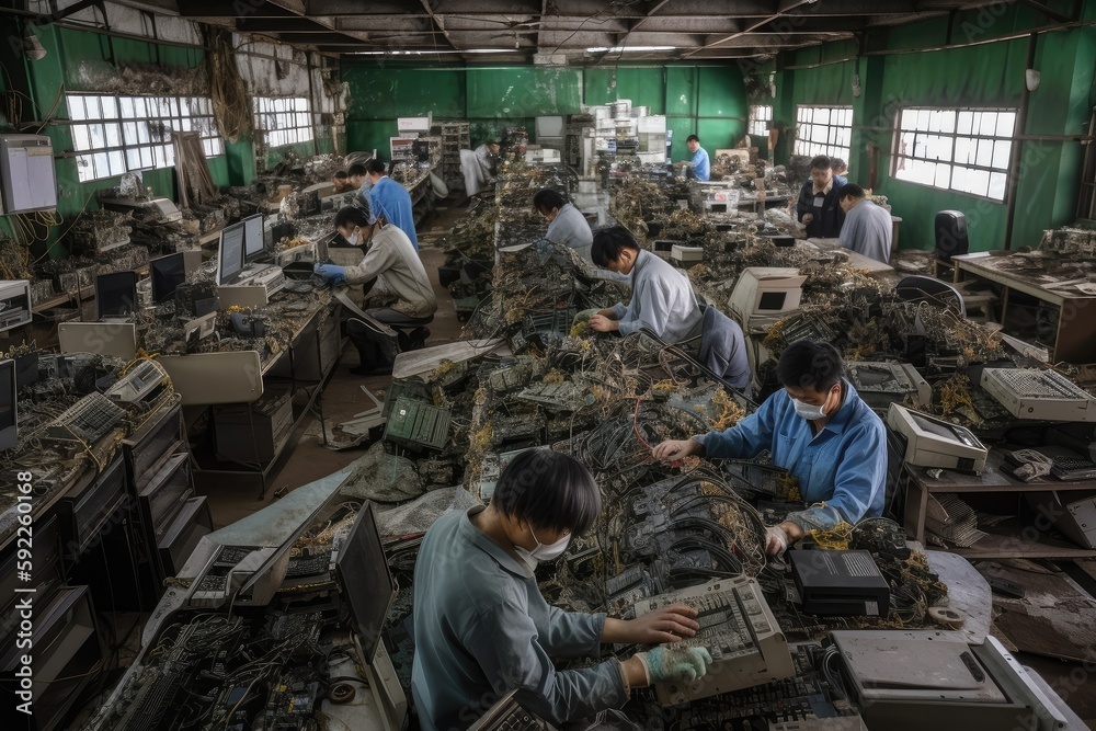 e-waste recycling plant, with teams of workers sorting and repairing ...