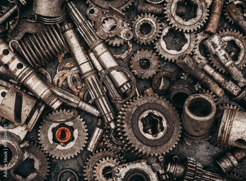 Heap of mechanical components of car and motor parts Stock Photo ...