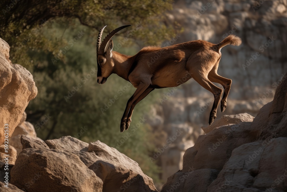 ibex jumping off cliff, with its powerful legs propelling it into the ...
