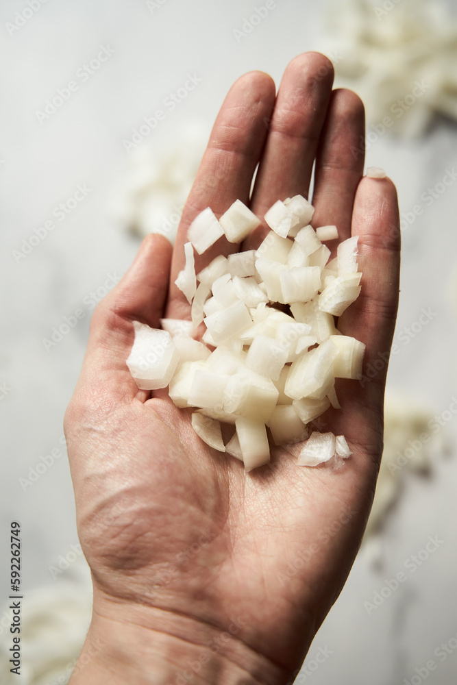 Medium diced onions on mans hand. Photo show how does onion sliced into ...