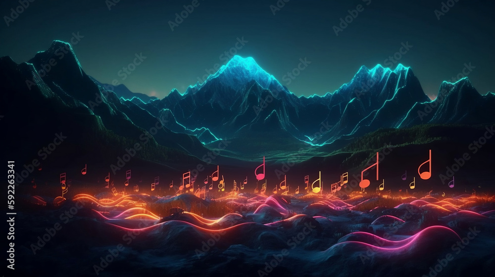 Abstract neon background. Fantastic landscape music notes with glowing ...
