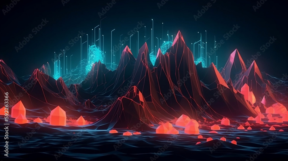 Abstract neon background. Fantastic landscape music notes with glowing ...