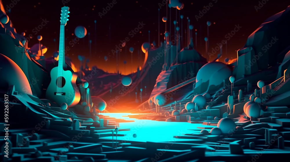 Abstract neon background. Fantastic landscape music notes with glowing ...