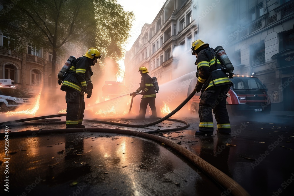 firefighters dousing flames and putting out fires in burned city street ...