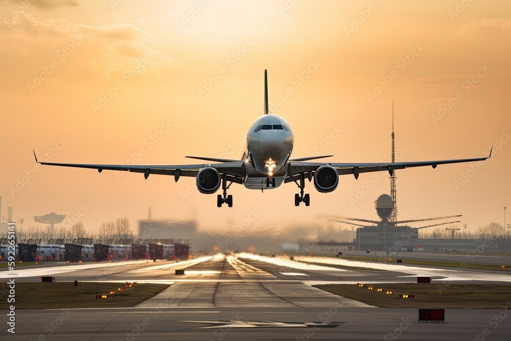 passenger plane landing at busy airport, with view of other planes on ...