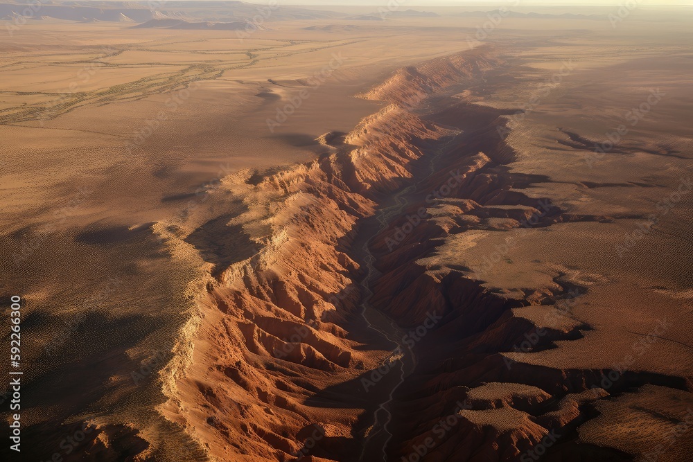 aerial view of fault line, with visible rupture in the earth's crust ...