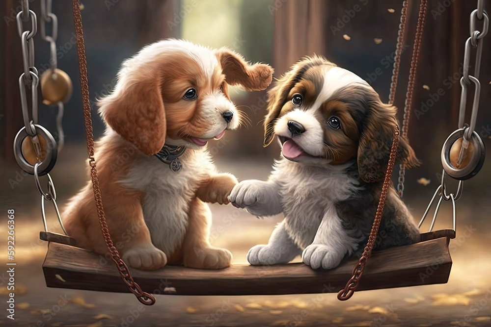 cute puppies are playing on swing set, with their tails wagging and ...
