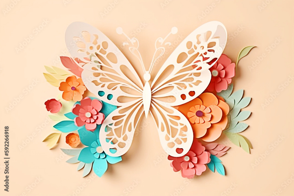 Paper cut butterfly with paper flowers on color background. papercraft ...