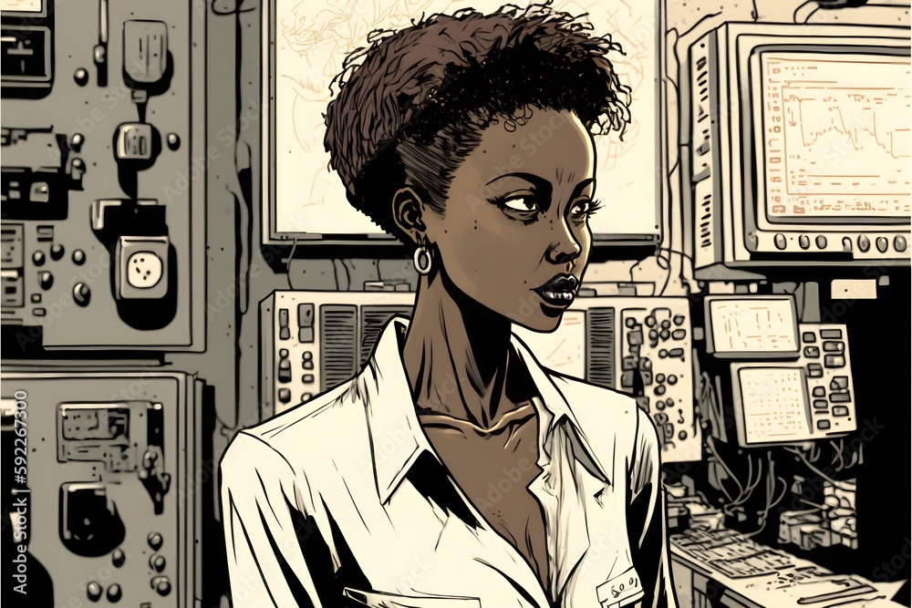 illustrated hand drawn rough sketch of a thin African woman scientist ...