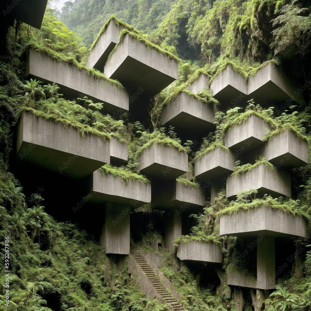 Landscape of an abandoned brutalist building structure built on mountainous rainforest terrain ...
