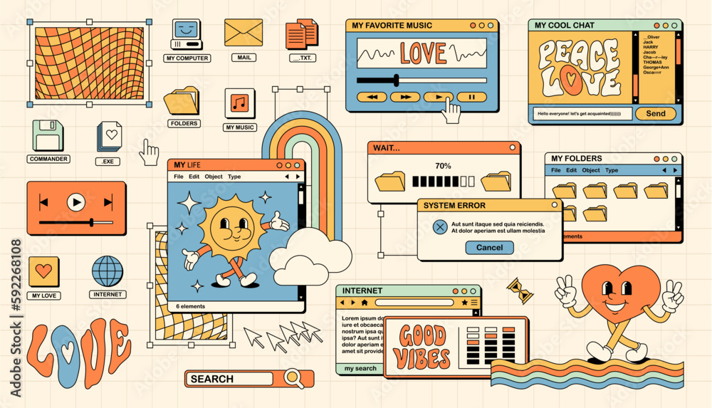 The screen of an old retro PC in the y2k style. Retro wave and ...