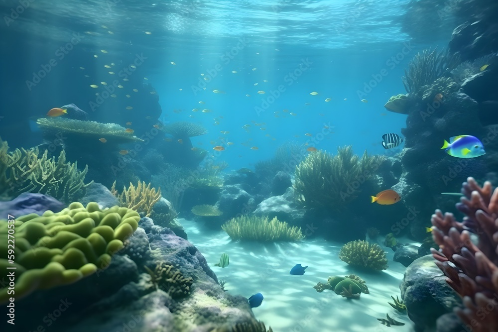 3d underwater shot and texture of coral reef, fish, sea, in the style ...