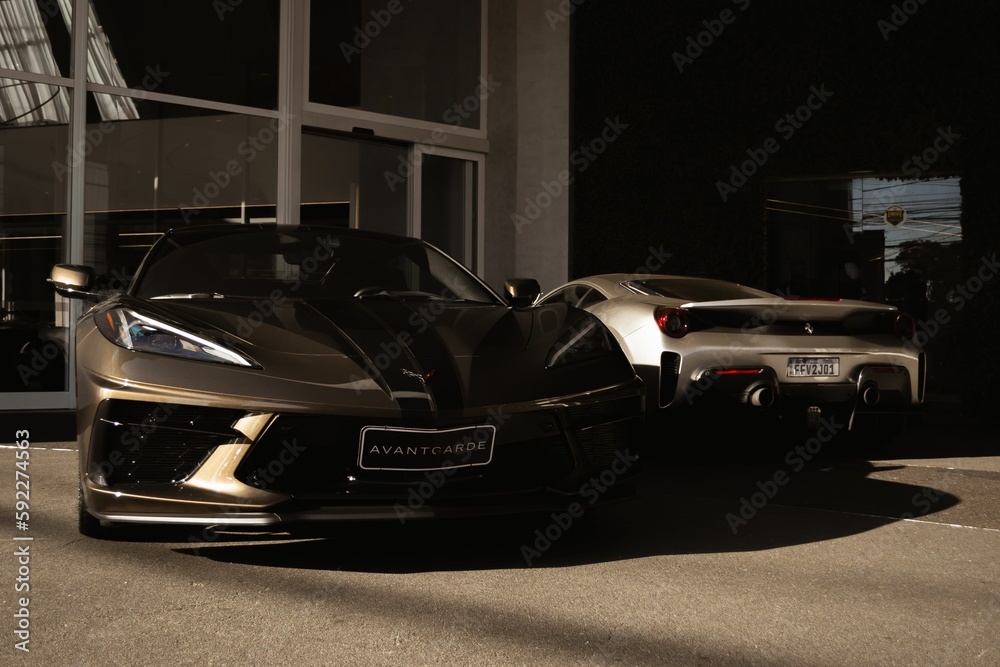 Bronze Corvette Stingray C8 And Ferrari 488 Pista Side by side outdoors ...