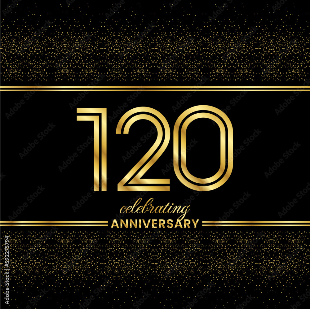 120 Golden Double Line Number. 120 Anniversary invitation cover with glitter separated by golden ...