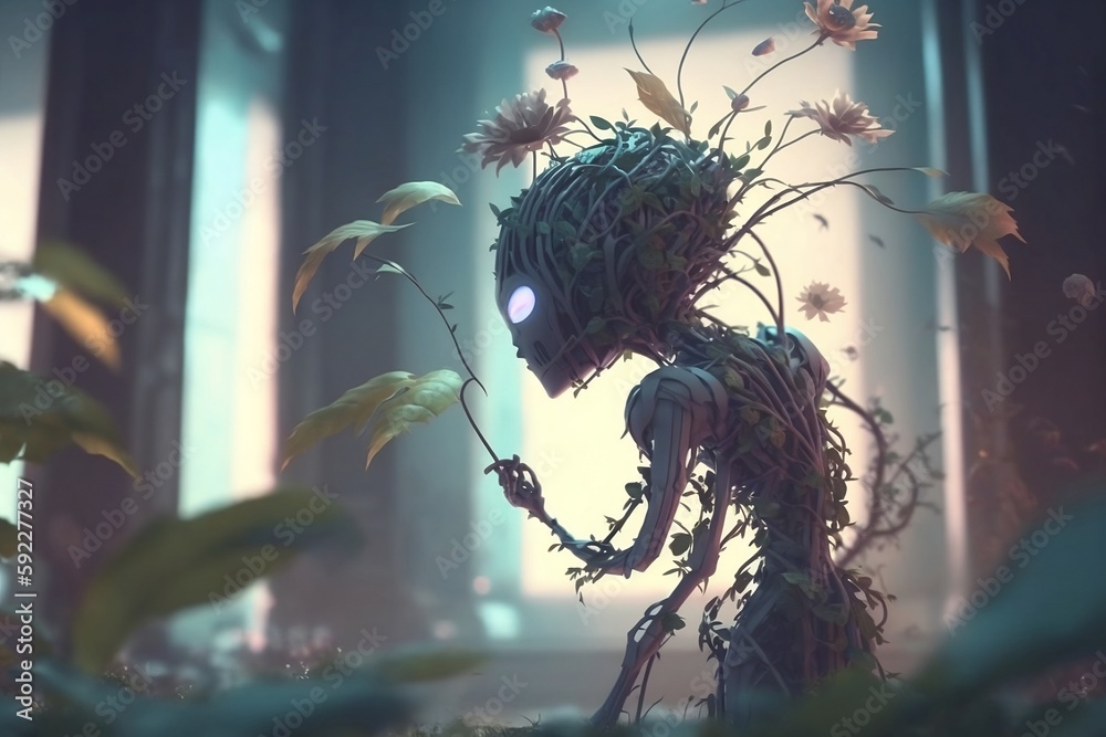 Futuristic humanoid plant with leaves sprouting from body. Generative ...
