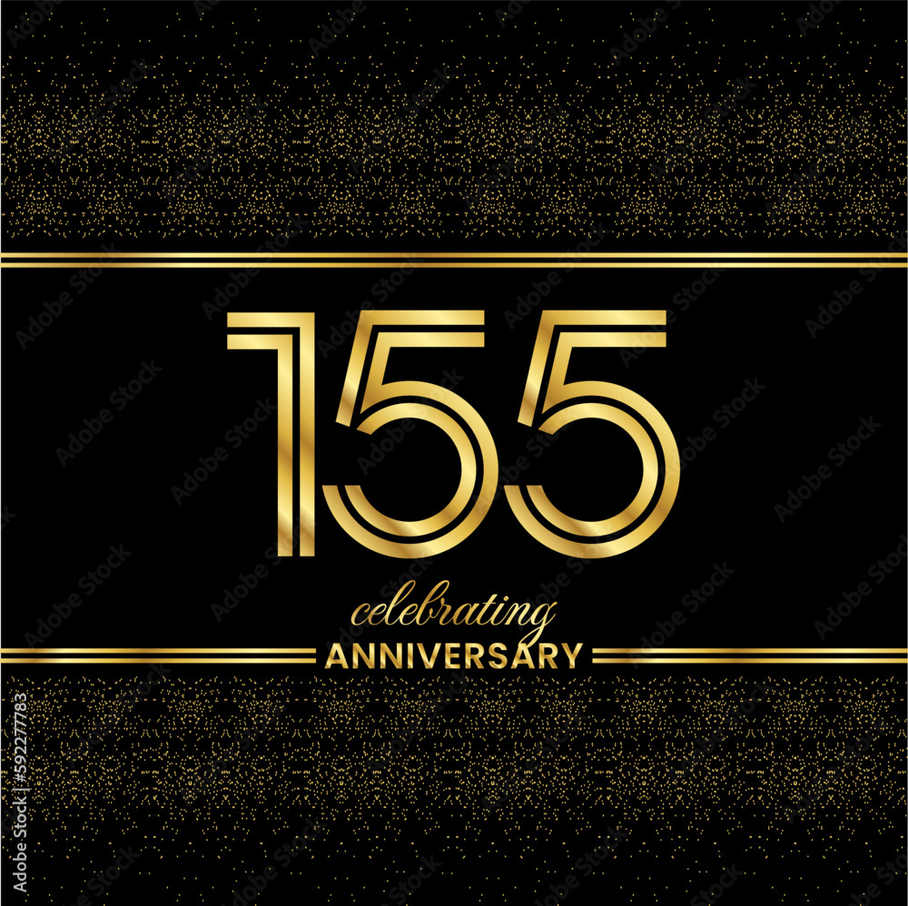 155 Golden Double Line Number. 155 Anniversary invitation cover with glitter separated by golden ...