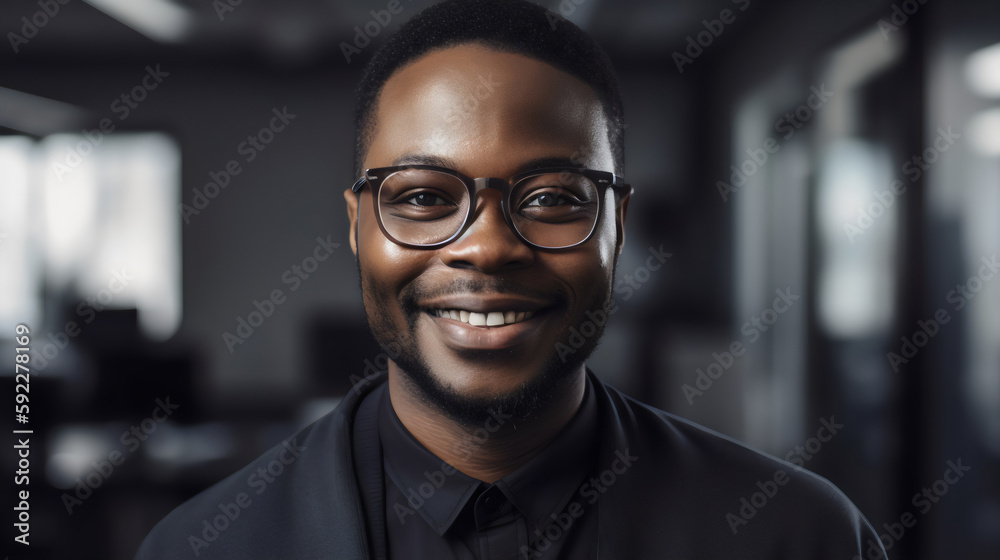 smiling portrait poc man wearing black suit at office job, made with ...