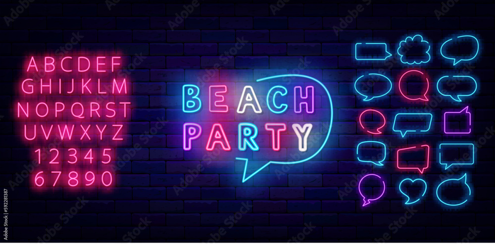 Beach party neon sign. Handwritten text. Night club invitation. Coast ...