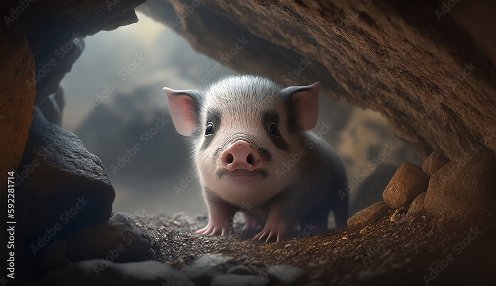 Cute baby pig is walking in the cave AI Generated Stock Illustration ...