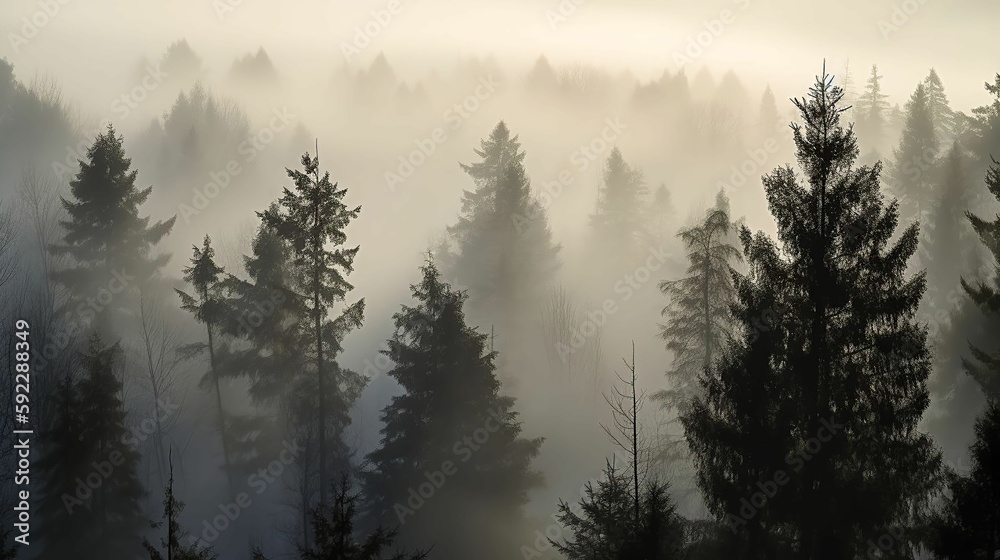 A dense fog enveloping a forest, with only the silhouettes of trees ...