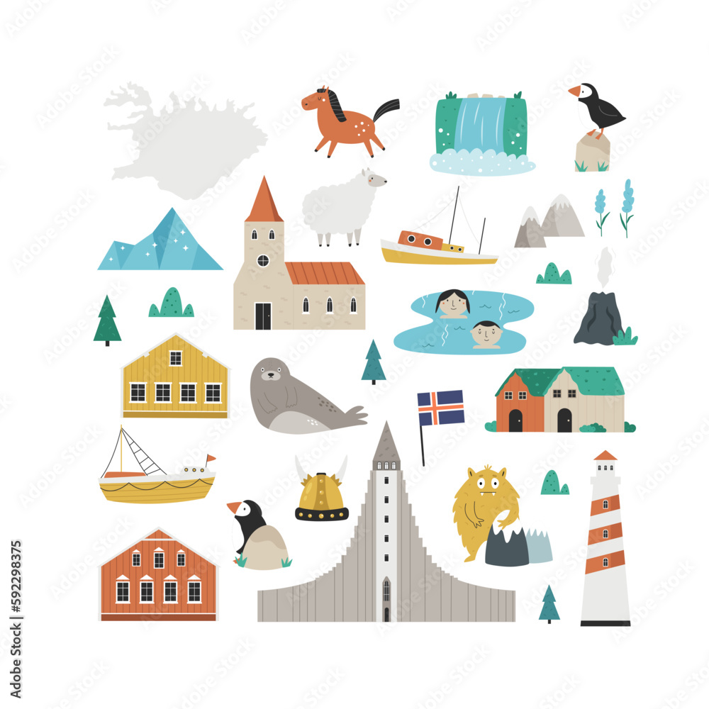 Vector colorful design, banner with icons, famous symbols of Iceland ...