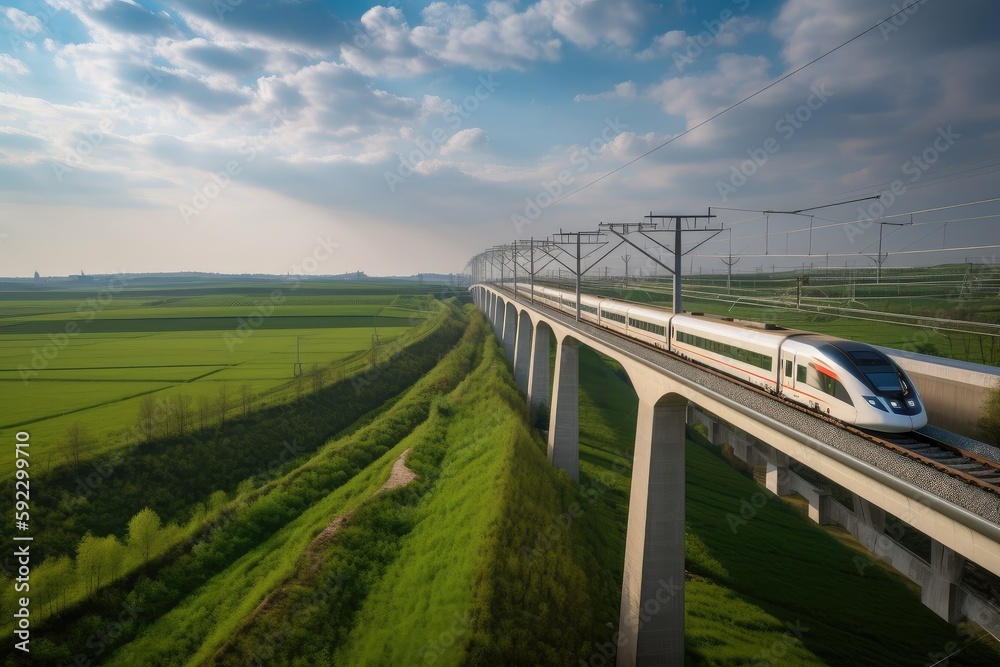 high-speed train roars past bridge, with view of the countryside ...