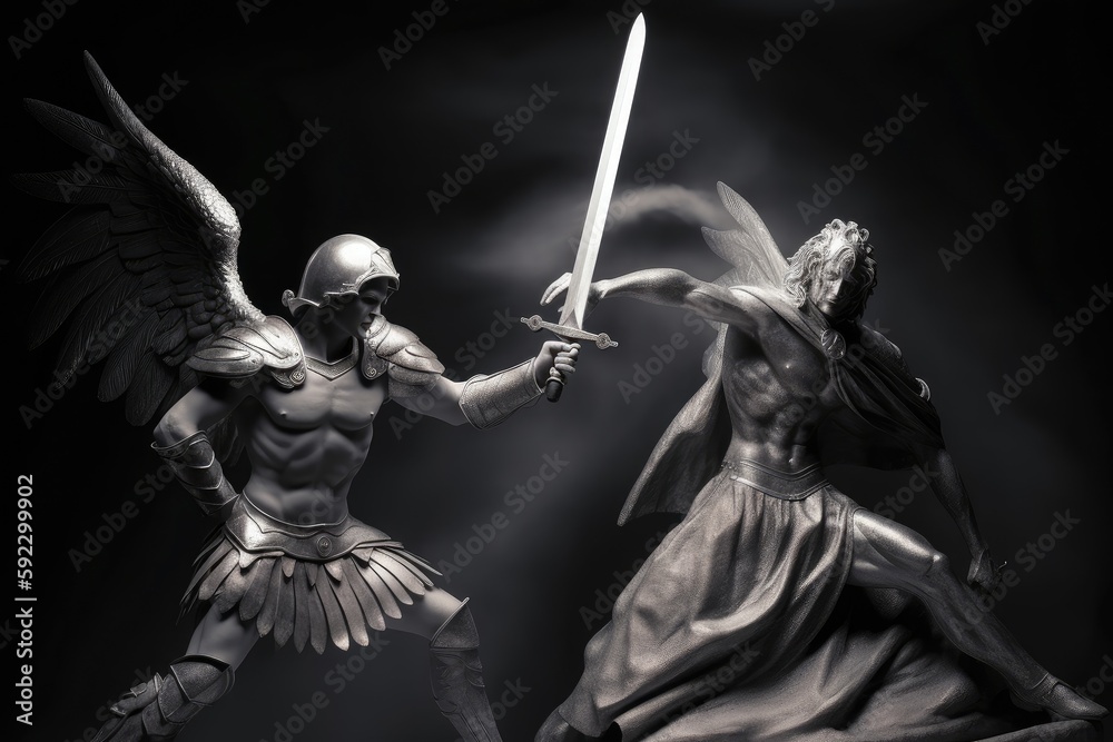 good angel, with his sword and shield, fighting against evil demon ...