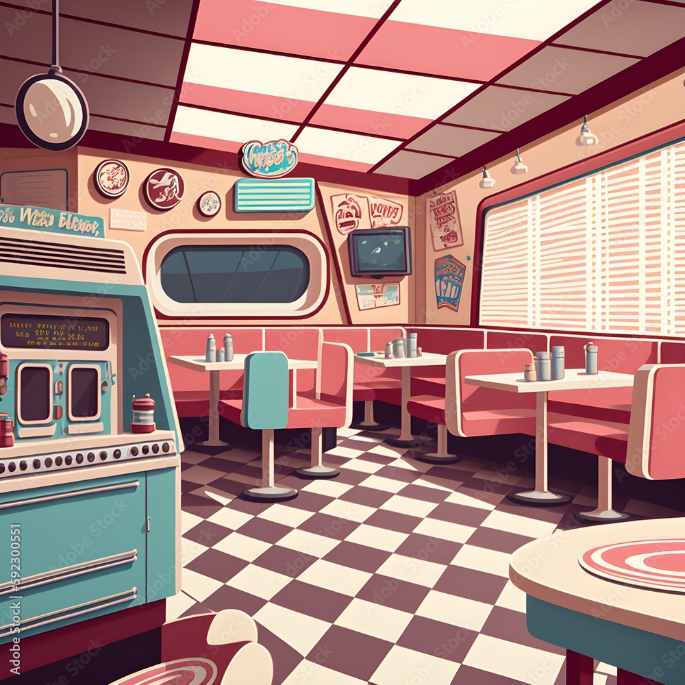a 1970s classic diner No people Background for a selfie 2d cartoon ...