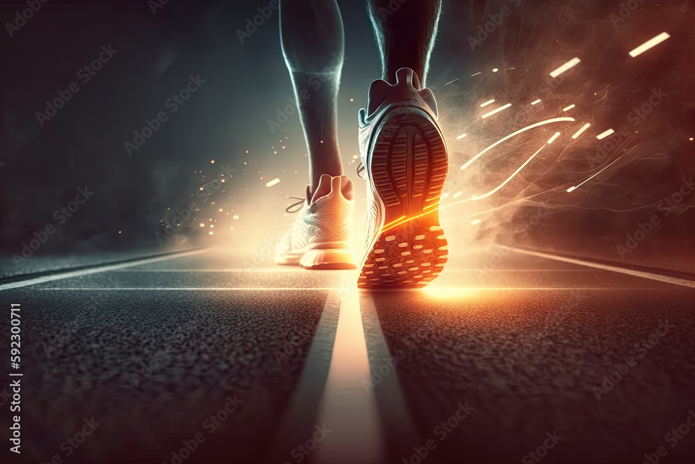 Strat now, Runner foot at the start line ready for a running race, For ...