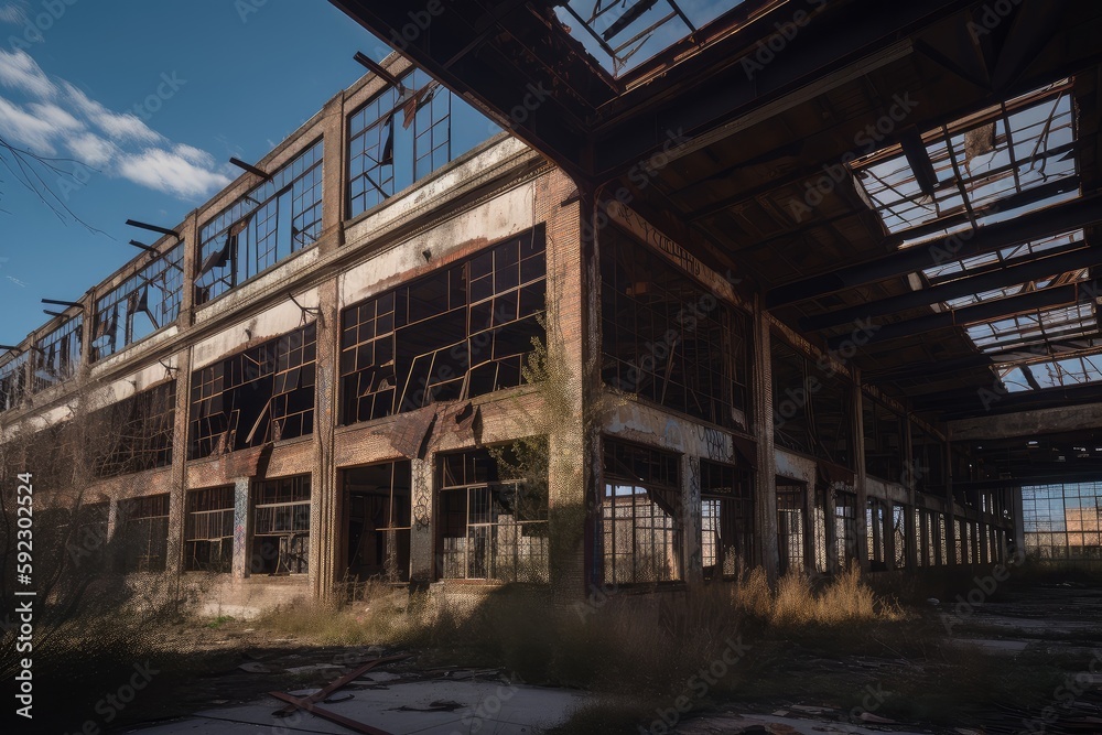 abandoned industrial complex with broken windows and rusted metal ...