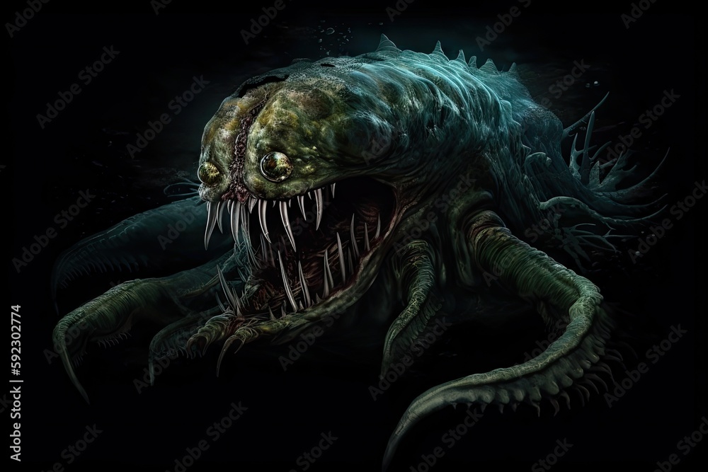 sea monster emerging from abyss, with its scaly and slimy body visible ...