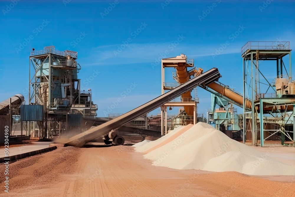 silica extraction and processing plant, with conveyor belt and massive ...