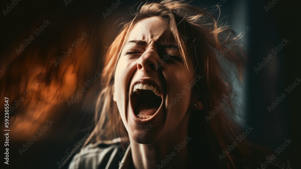 Woman in agony screaming aggressively. Mental health awareness month ...