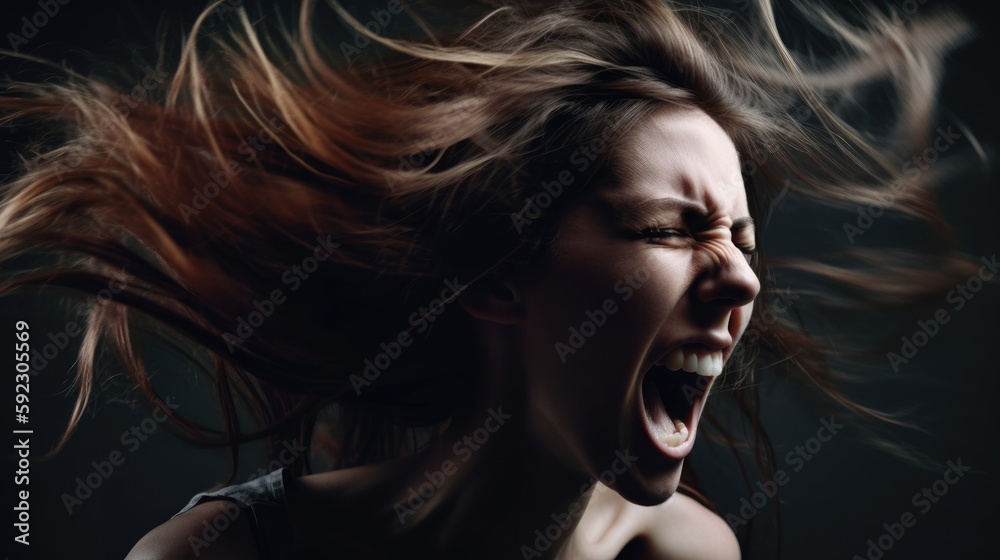 Woman in agony screaming aggressively. Mental health awareness month ...