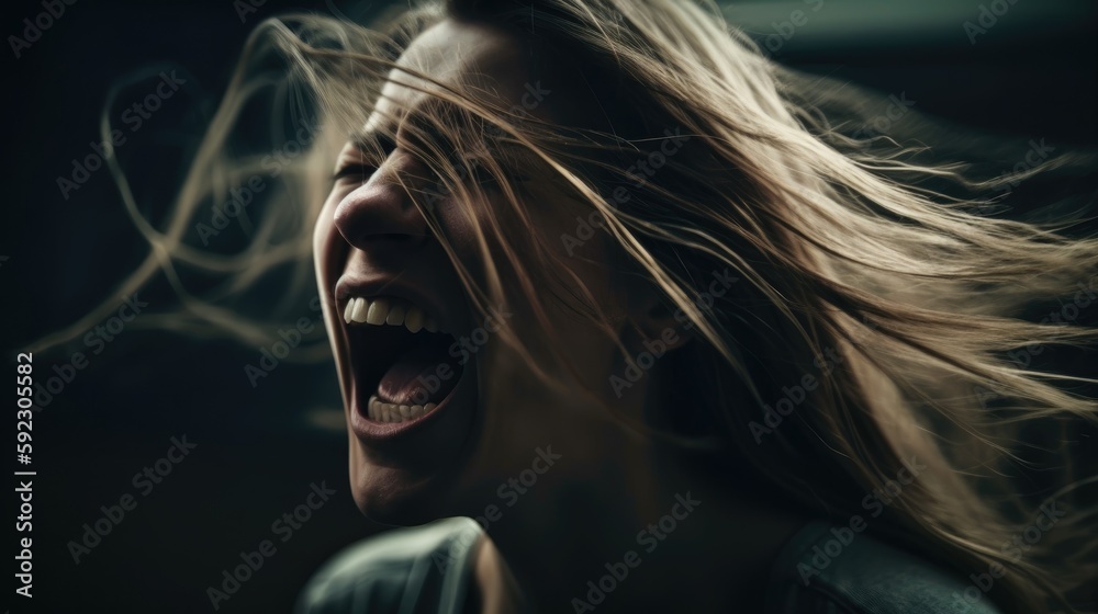 Woman in agony screaming aggressively. Mental health awareness month ...